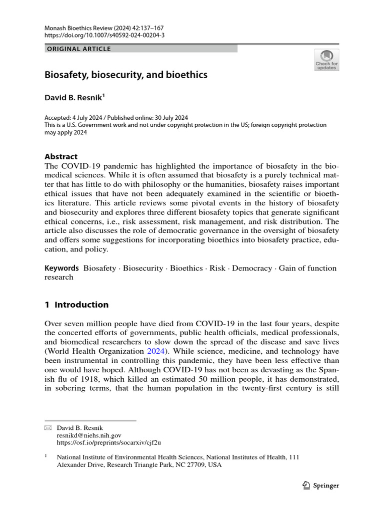 Biosafety, Biosecurity, and Bioethics: David B. Resnik | PDF | Health ...