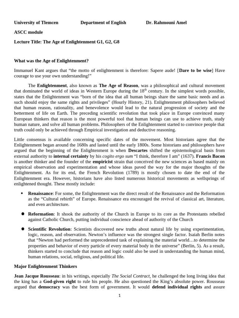 The Enlightenment Lecture | PDF | Age Of Enlightenment | Deism