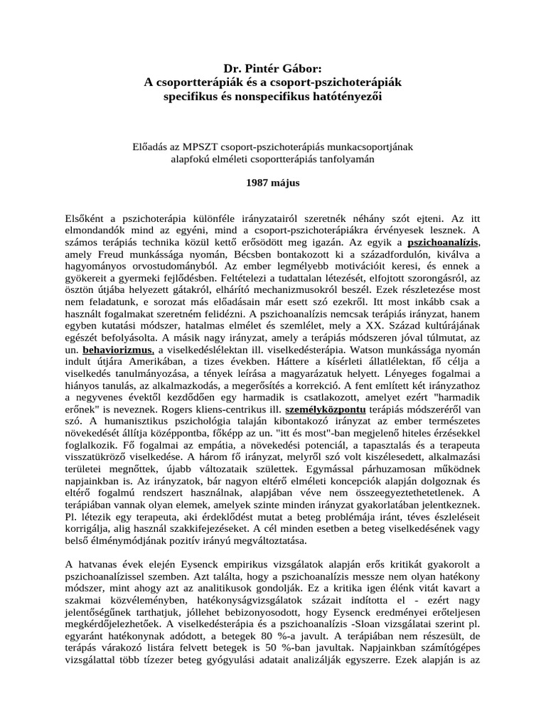 Pintér Gábor - A Csoportpszichoterápiák Hatótényezői (Régi Ea.) | PDF