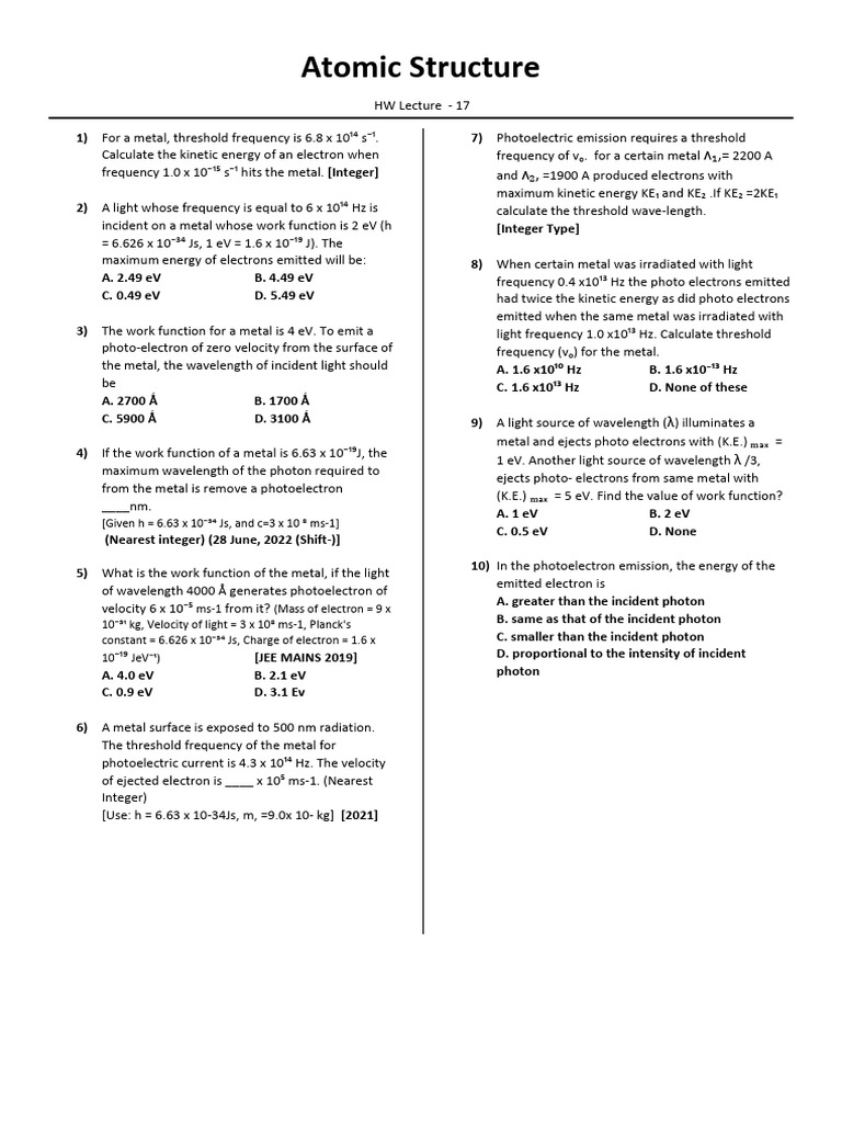 Structure of Atom Practice Questions - 1 | PDF | Photoelectric Effect ...
