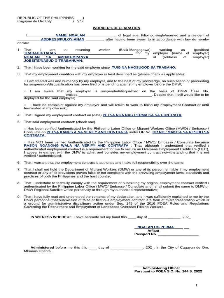 Worker's Declaration Format | PDF | Employment | Labor