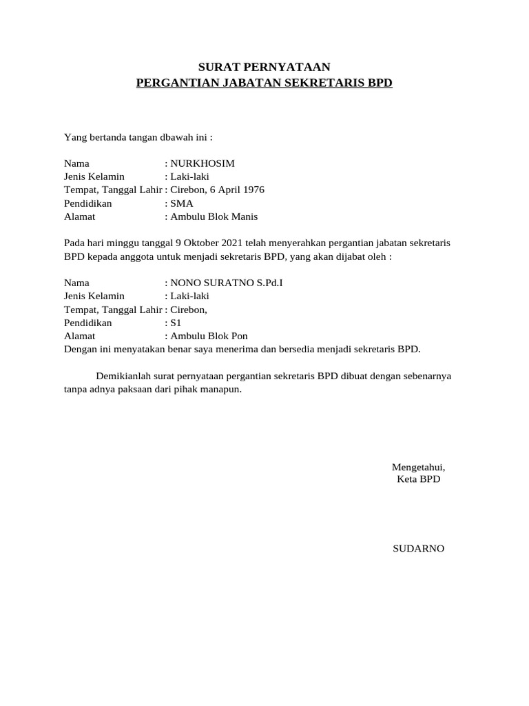 SURAT PERNYATAAn Pergantian BPD | PDF