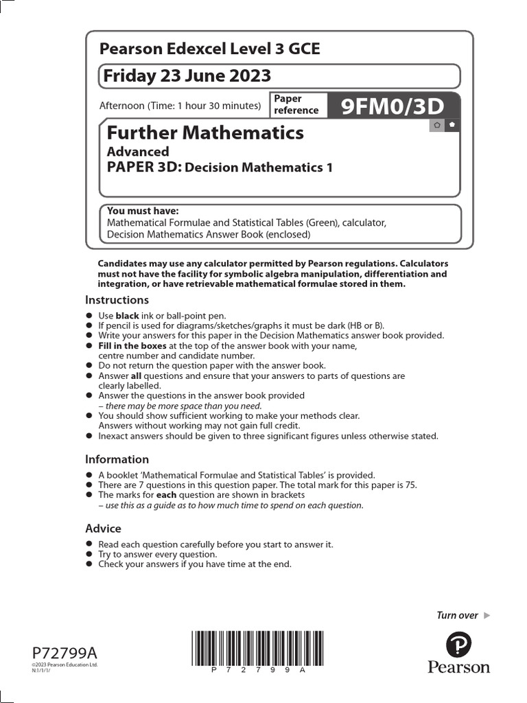 Edexcel Level 3 GCE Further Mathematics Exam Paper 3D | PDF ...