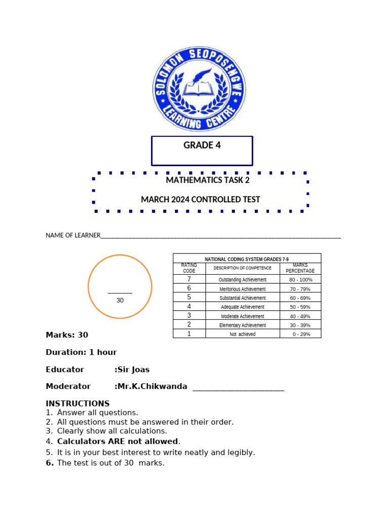 Grade 4 Term 1 2024 | PDF | Mathematics