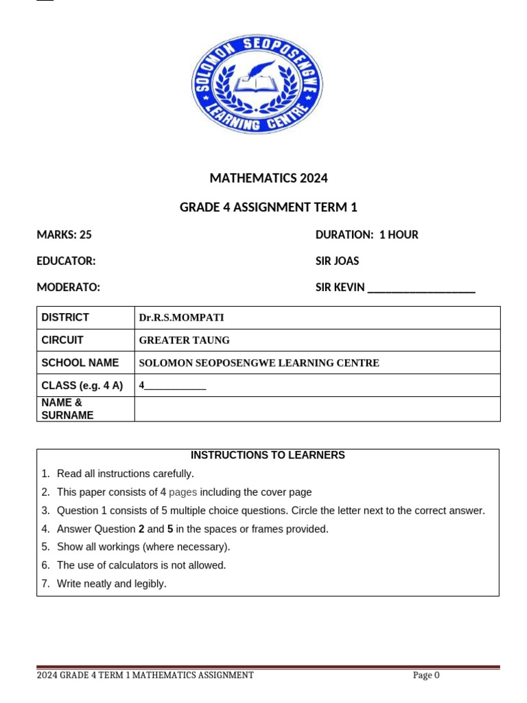 Grade 4 Assignment Term 1 2024 - 052924 | PDF | Mathematics