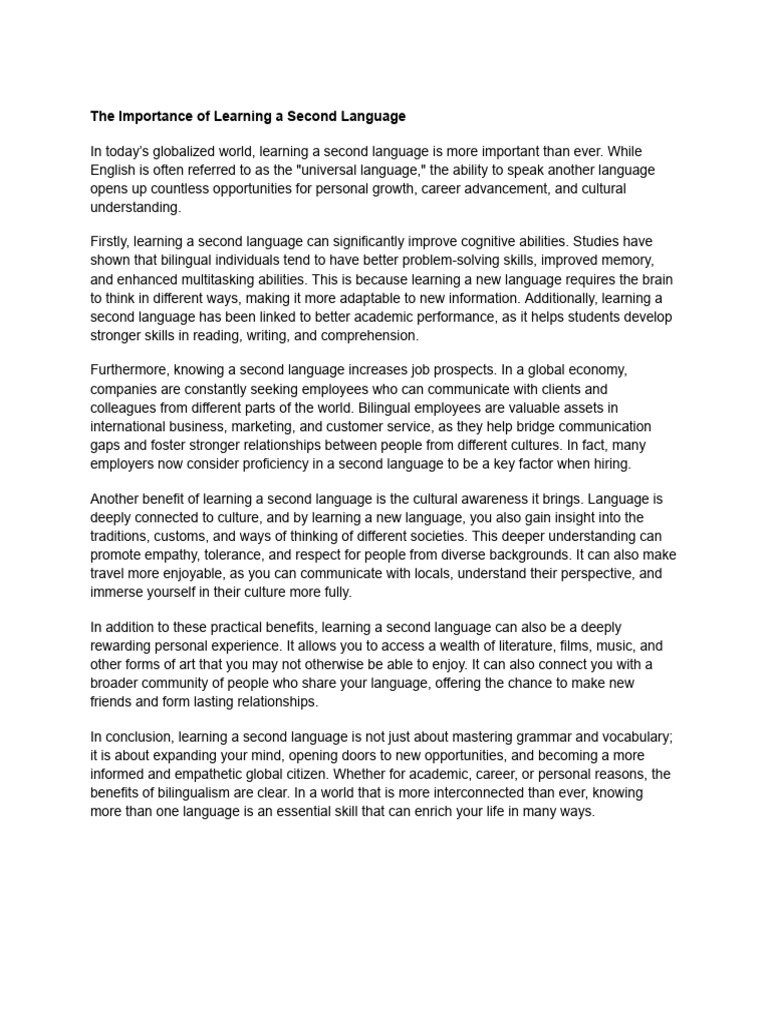 The Importance of Learning A Second Language | PDF | Second Language | Multilingualism