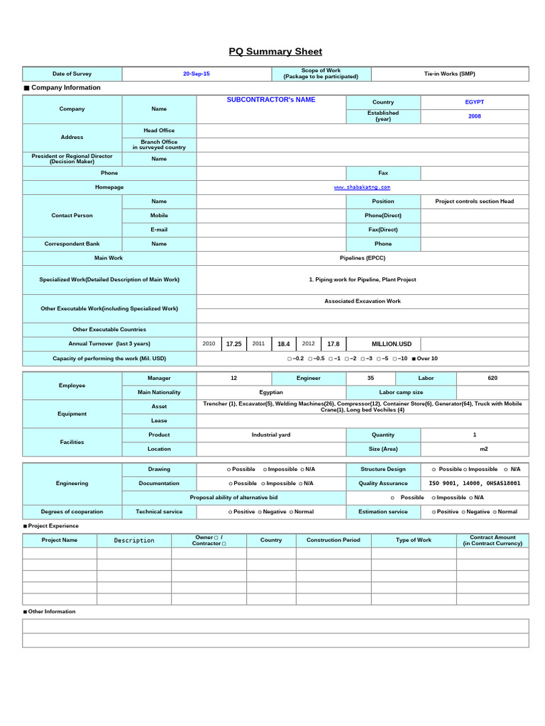 (ERC) PQ Surmmary Sheet-Format - Rev.0 | PDF