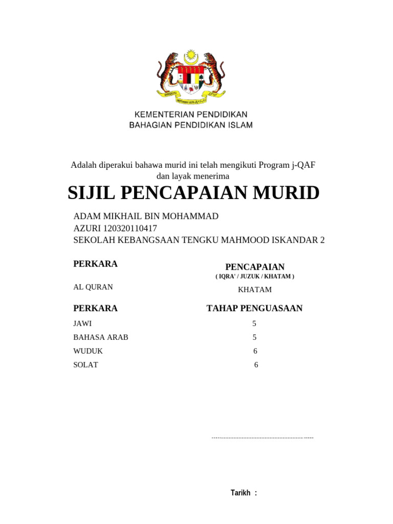 Sijil Pencapaian Program j-QAF 6A OKT 2024 | PDF