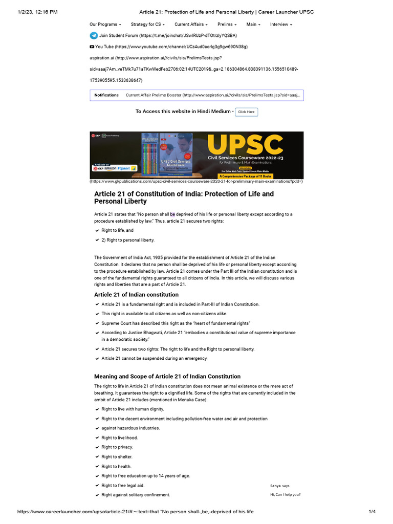 Article 21 - Protection of Life and Personal Liberty - Career Launcher ...
