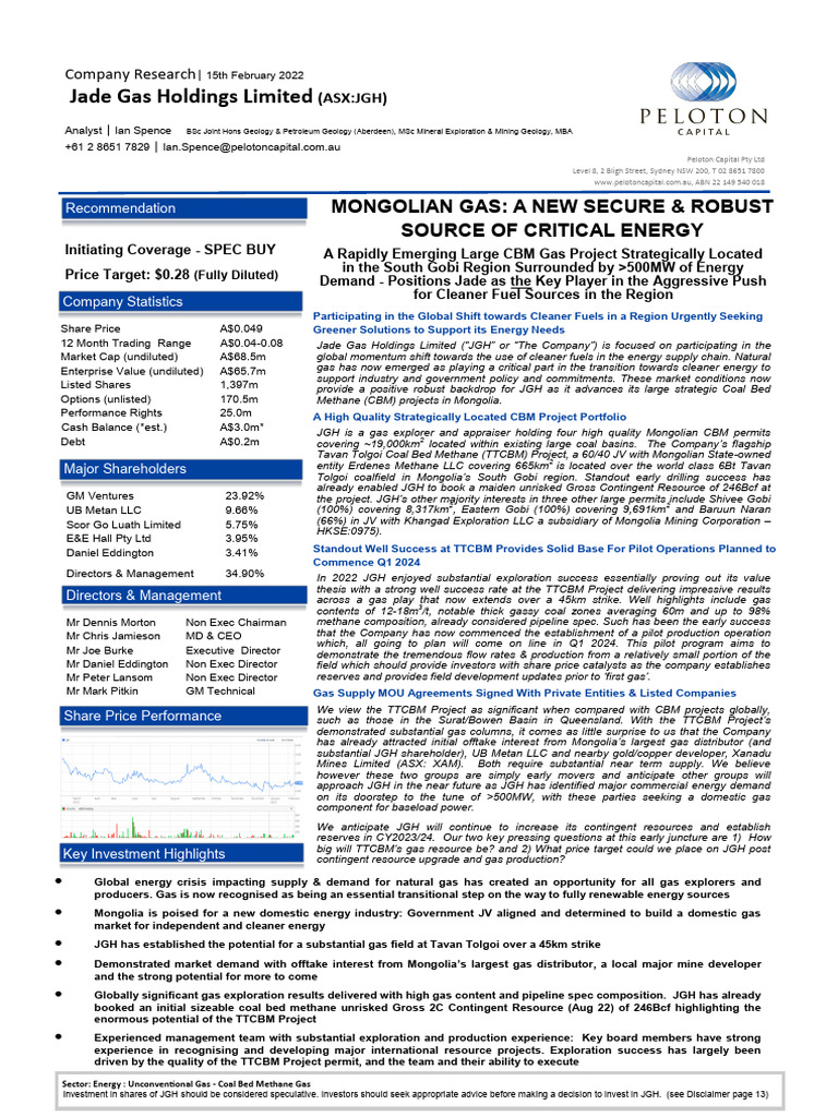 Peloton Research Jade Gas Holdings Limited 15 Feb 23 | PDF | Liquefied Natural Gas | Mongolia