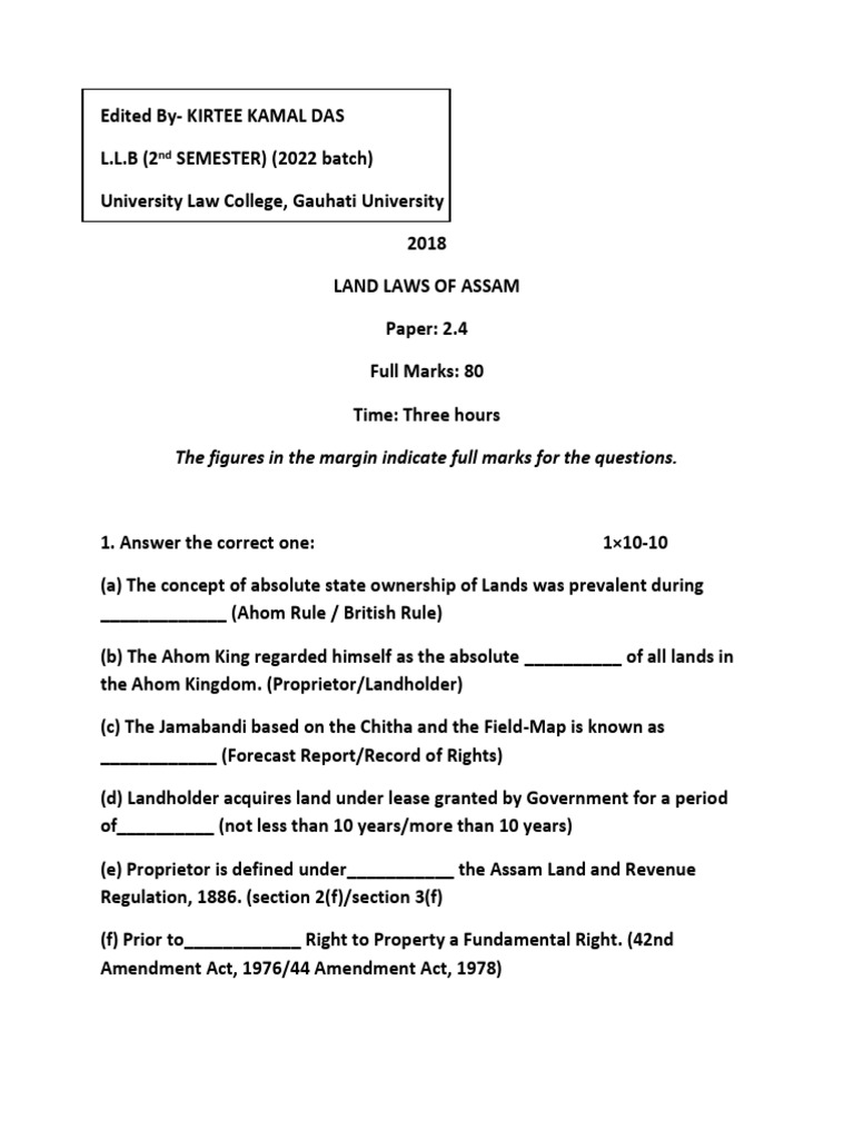 Soled Land Laws of Assam 2018 Paper | PDF | Leasehold Estate | Landlord