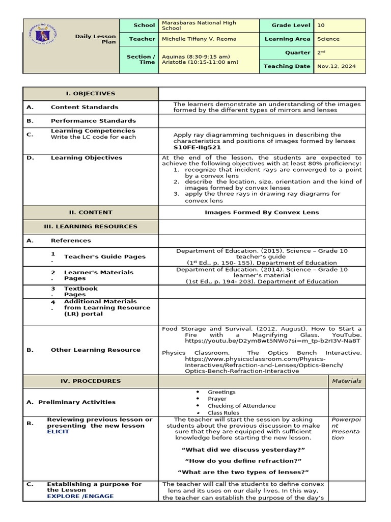 Lesson Plan For Convex Lens | PDF | Optics | Learning