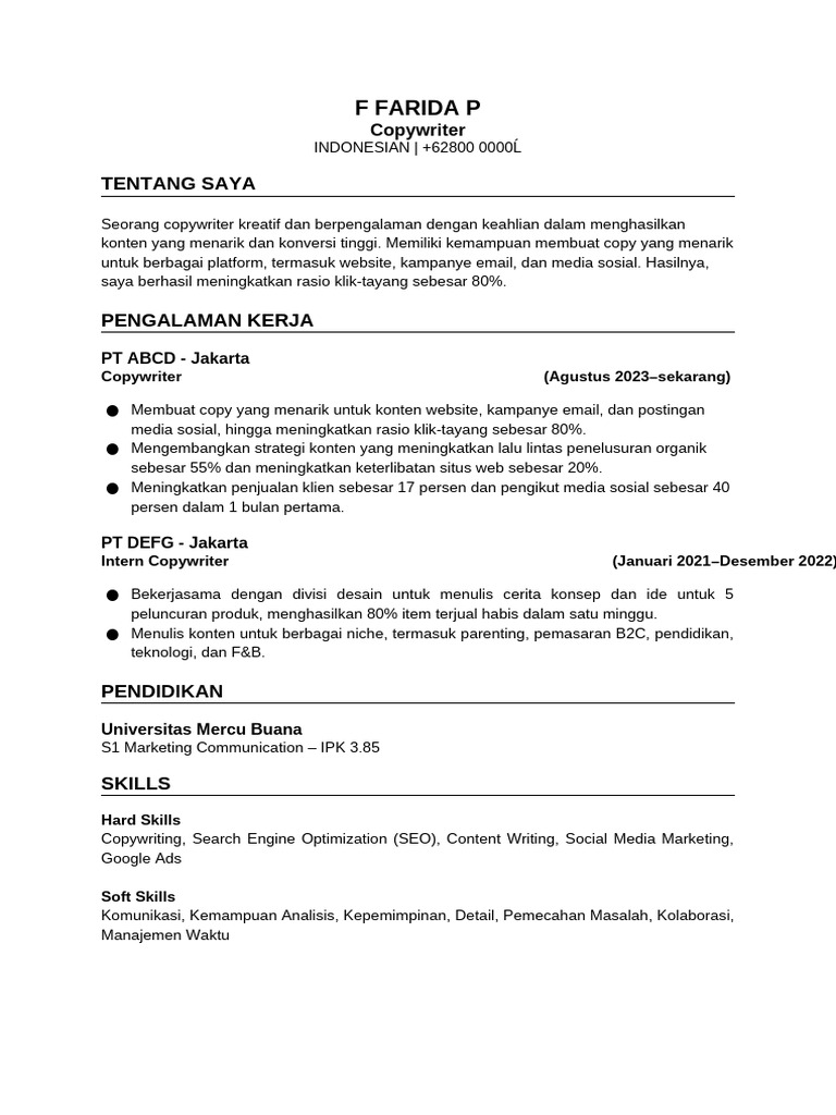 CV Template CV Copywriter | PDF