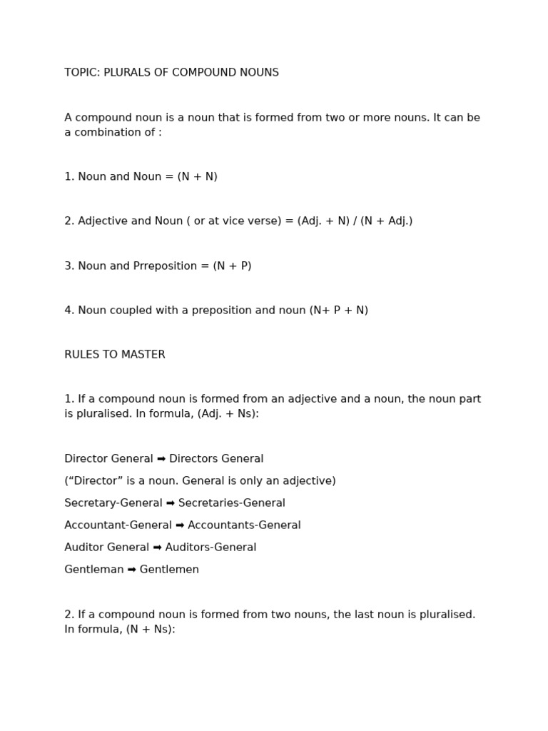 Plurals of Compound Nouns Explained | PDF | Adjective | Noun