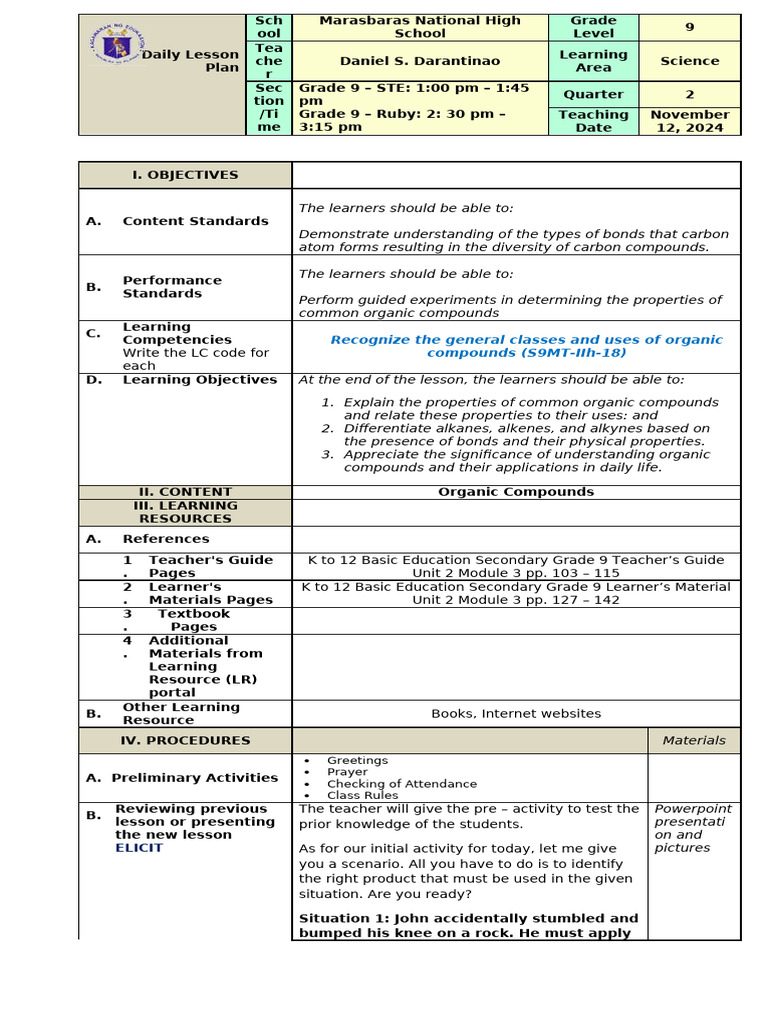 Lesson Plan For Organic Compounds 9 | PDF | Hydrocarbons | Alkene