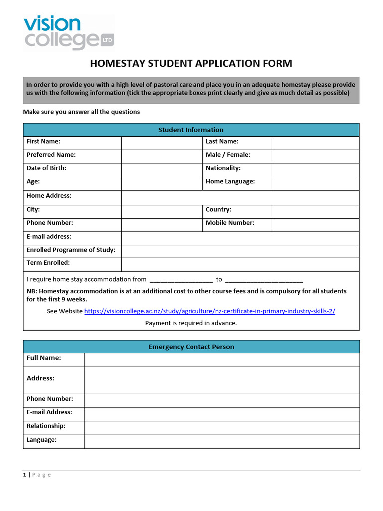 Homestay Student Application Form - Fillable 1 1 | PDF