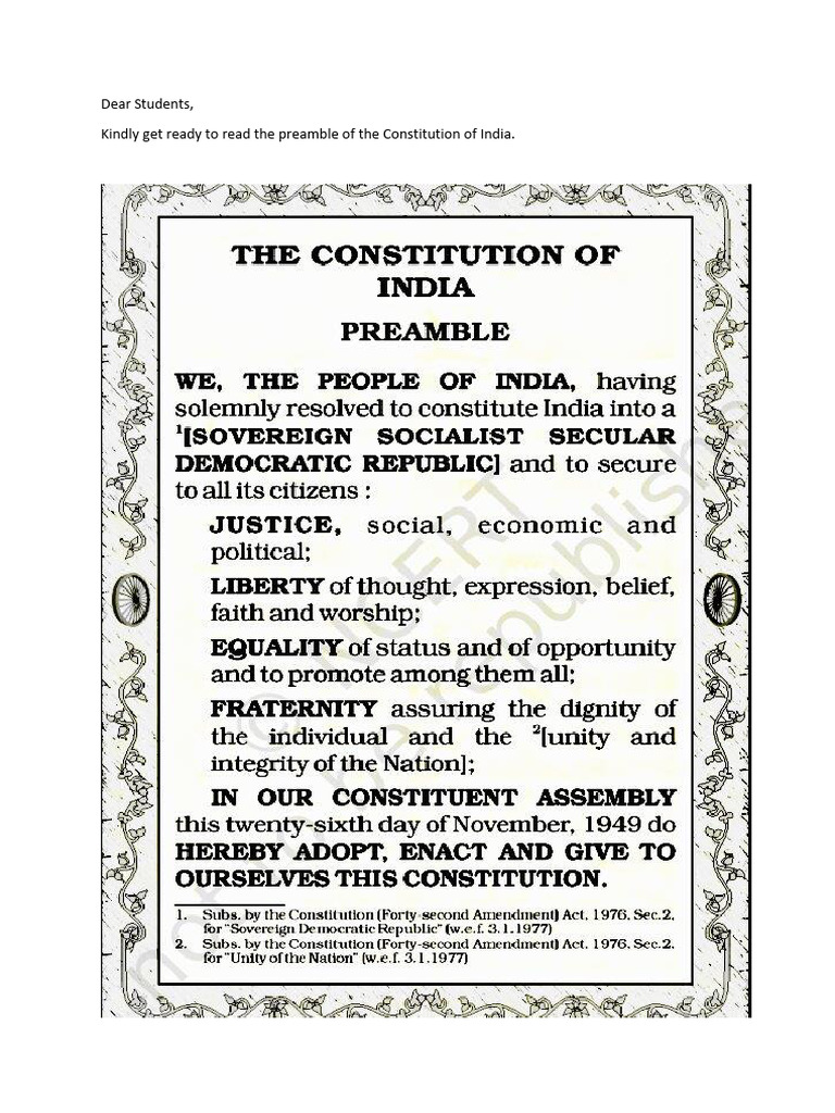 Preamble of Our Constitution - English and Hindi | PDF