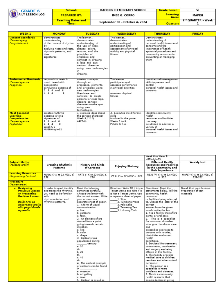DLL Mapeh6-Week-1 Q2 | PDF | Cartoon | Physical Examination