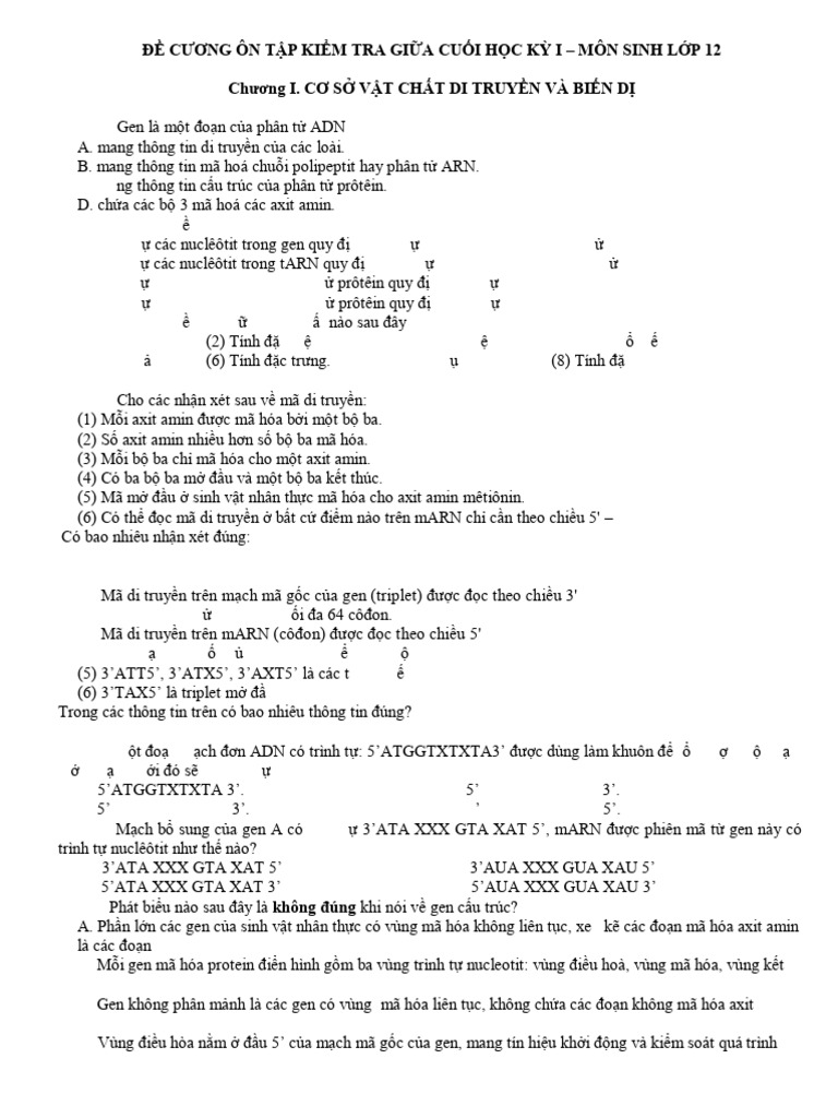 Decuong - Khoi 12 - Môn Sinh Cuối HKI - HS | PDF