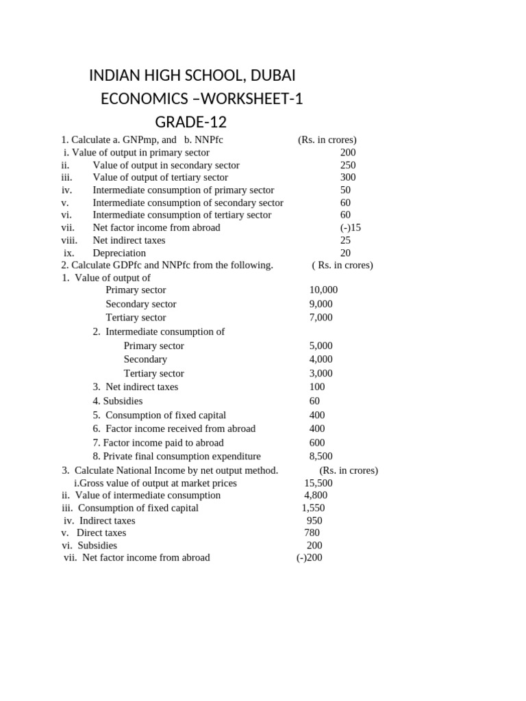 12th Cbse Eco Worksheet - 1 Chapter National Income | PDF | Consumption ...