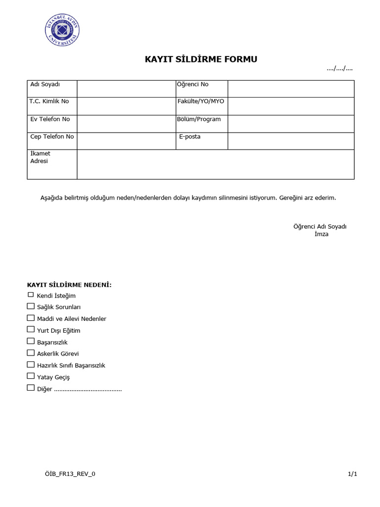 ÖİB FR13 Kayıt Sildirme Formu | PDF