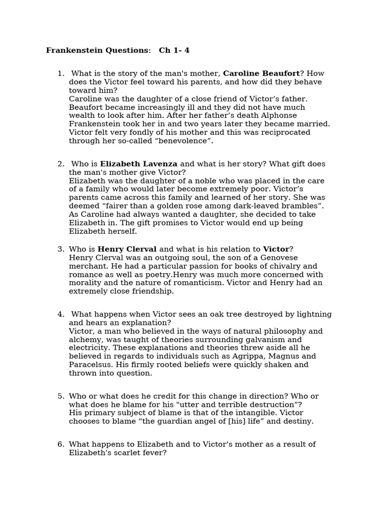 Frankenstein Chapter 1-4 Summary Questions | PDF | Frankenstein