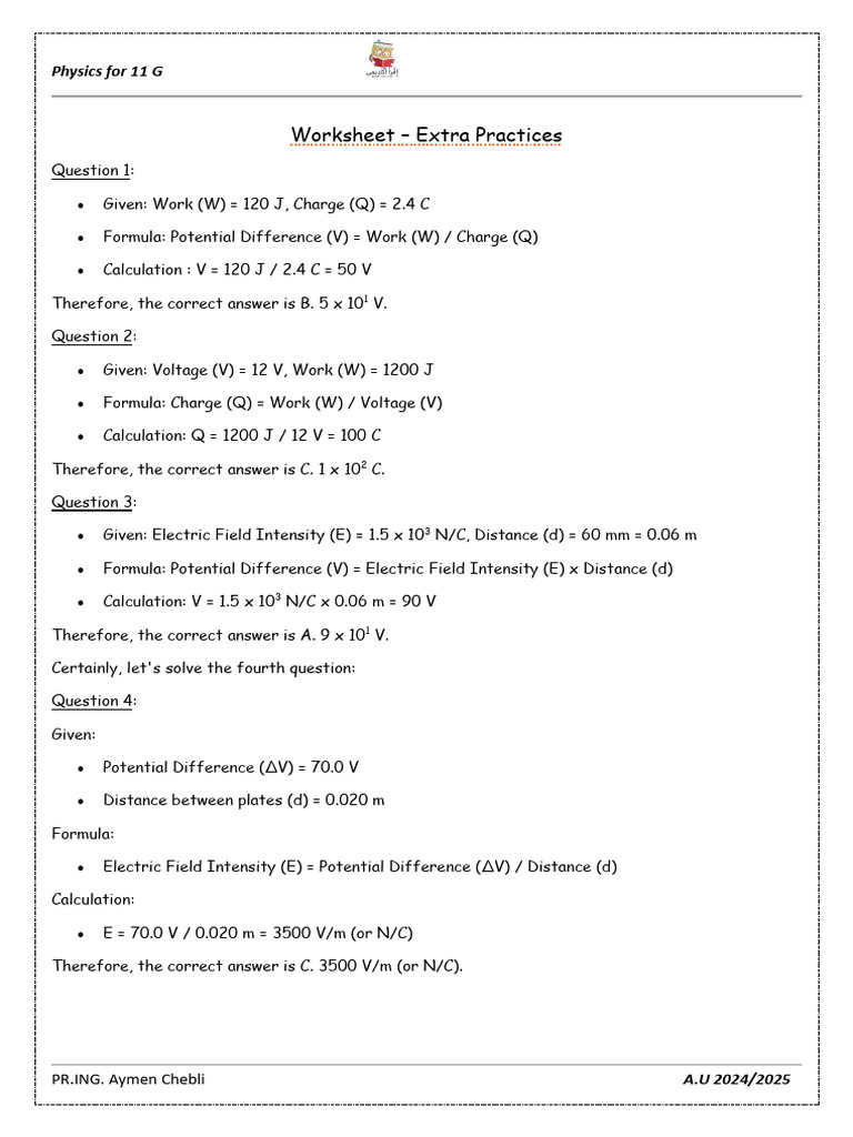 Worksheet - Extra Practices | PDF | Capacitance | Electric Field