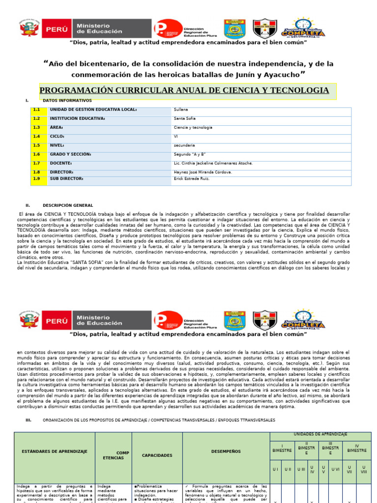 PROGRAMACION DE CYT DE 2do A y B I.E SANTA SOFIA | PDF | Aprendizaje ...
