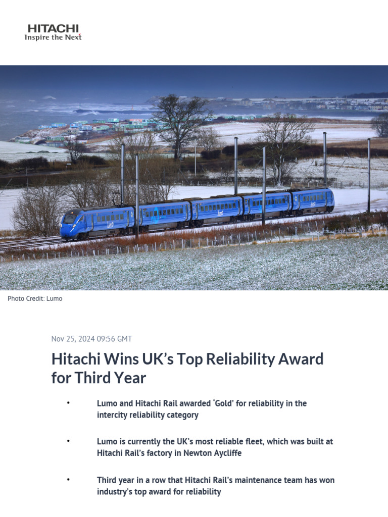 Hitachi Wins UK's Top Reliability Award For Third Year | PDF | Rail ...