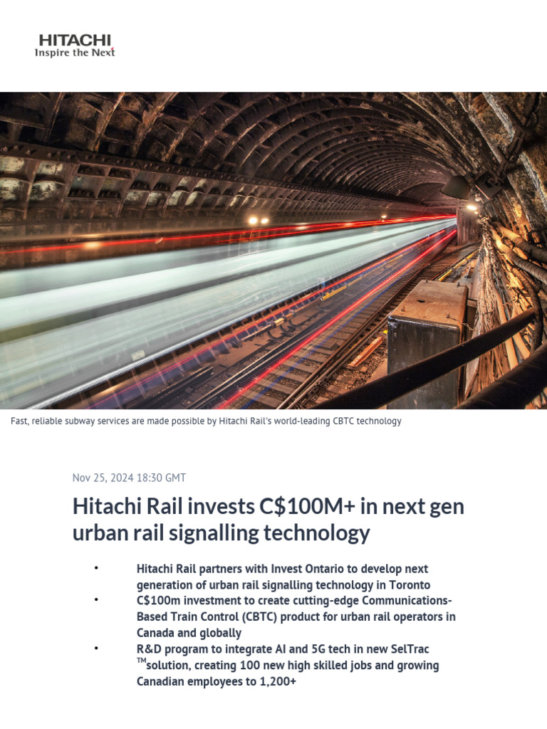 Hitachi Rail Invests C$100M+ in Next Gen Urban Rail Signalling ...