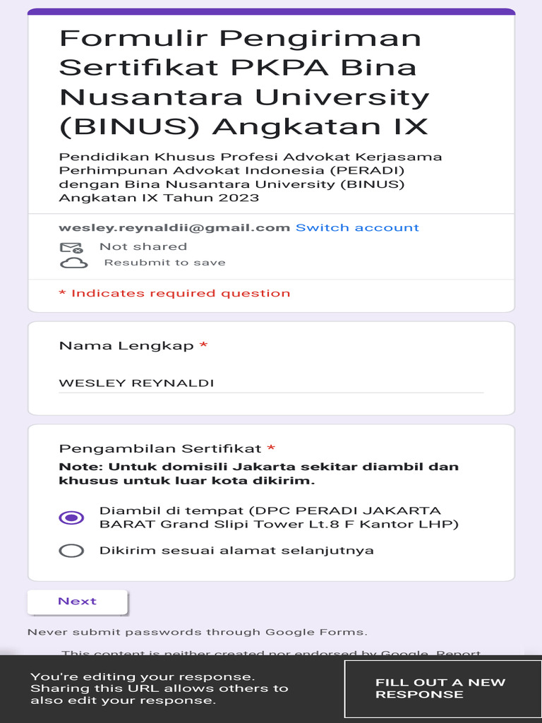 Formulir Pengiriman Sertifikat PKPA Bina Nusantara University (BINUS) Angkatan IX | PDF
