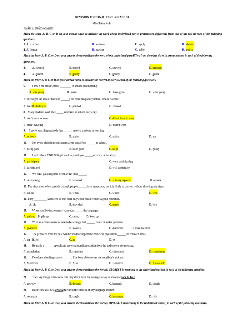 Revision For Final Test - Grade 10 | PDF | Clothing