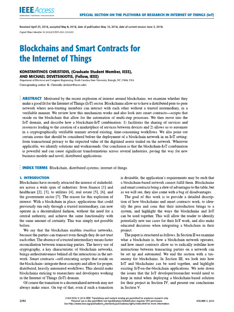 2016 Blockchains and Smart Contracts For IOT | PDF