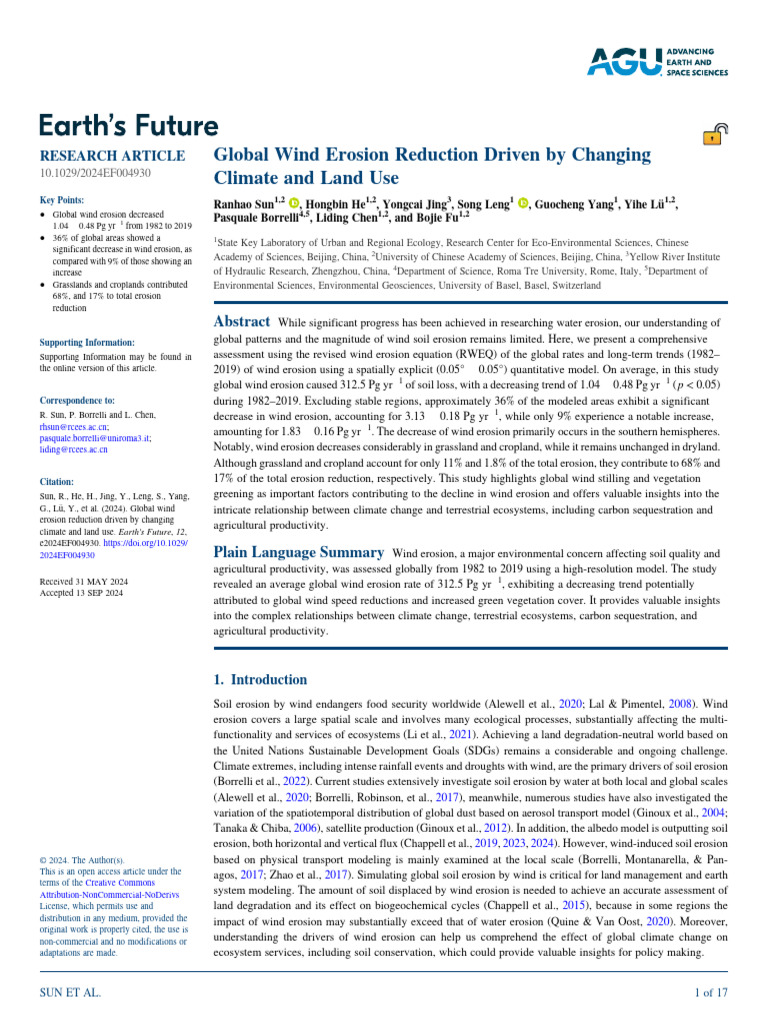 Earth S Future - 2024 - Sun - Global Wind Erosion Reduction Driven by ...