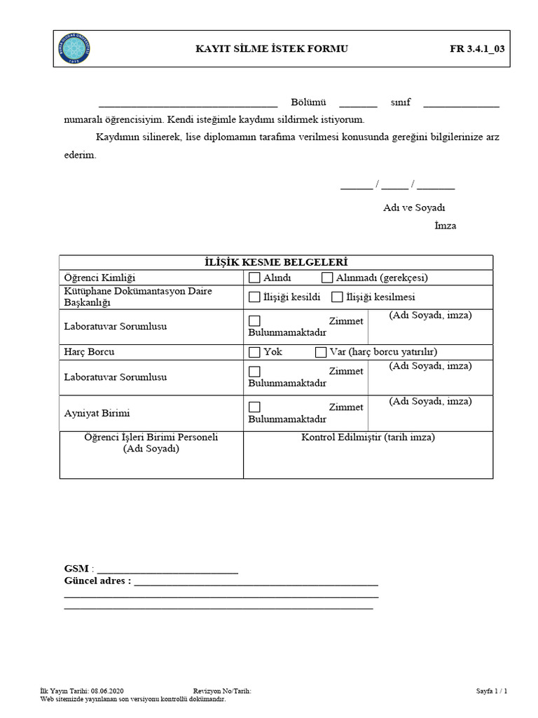 Kayit Silme İstek Formu FR 3.4.1 - 03 | PDF