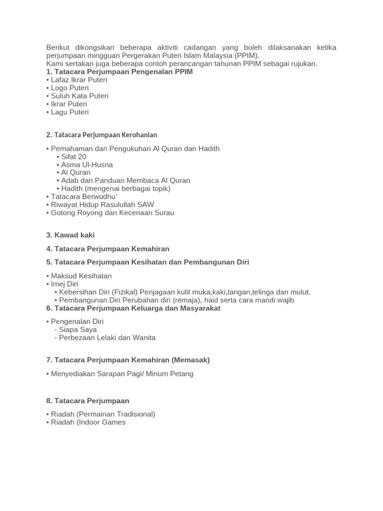 Senarai Cadangan Aktiviti Ppim | PDF