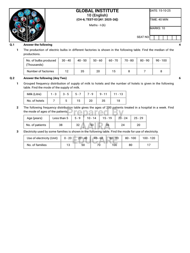 (QP - Test-03 CH-6) (Std. 10 Mathematics 'I') | PDF