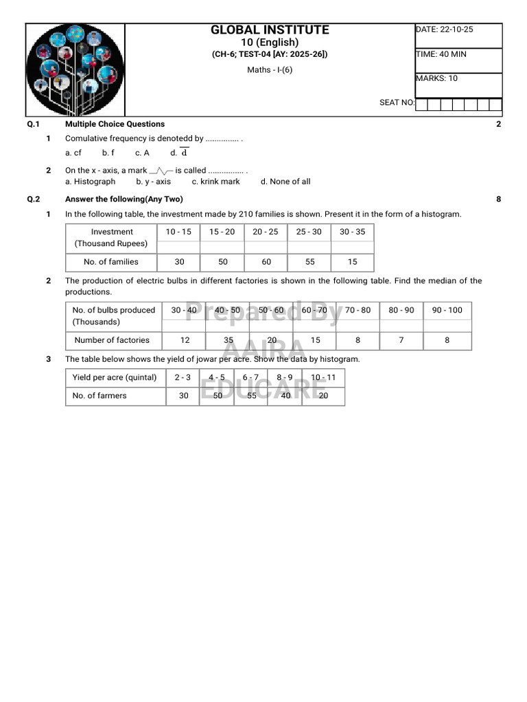 (QP - Test-04 CH-6) (Std. 10 Mathematics 'I') | PDF | Statistical ...