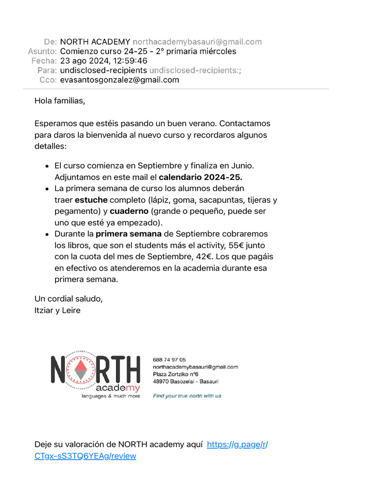 Inicio de Curso y Calendario 2024-25 | PDF