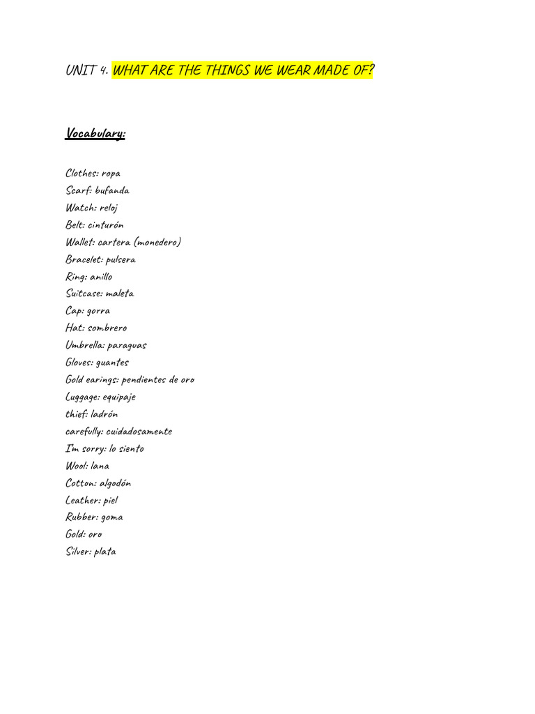 Clothing Materials & Vocabulary Guide | PDF