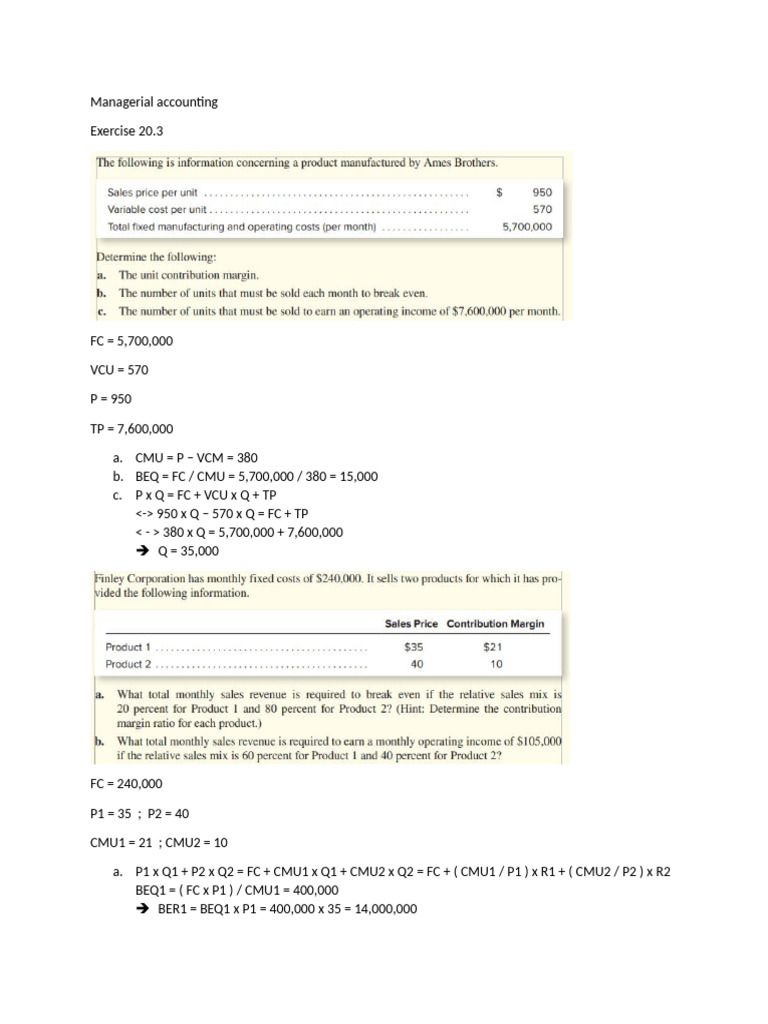 Managerial Accounting Exercises and Calculations | PDF