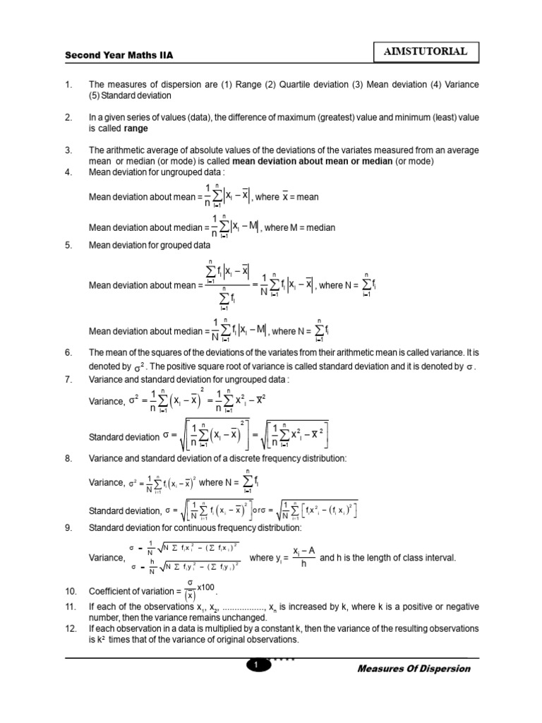 2a Notes Measures of Dispersion | PDF | Variance | Median