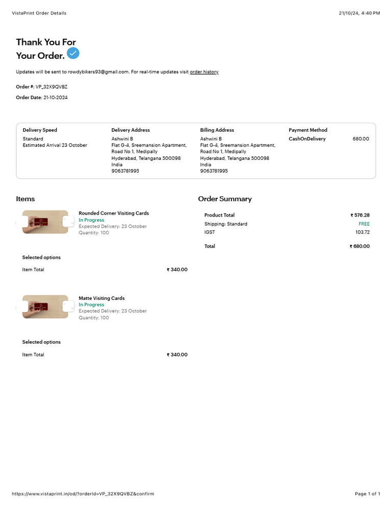 VistaPrint Order Details | PDF