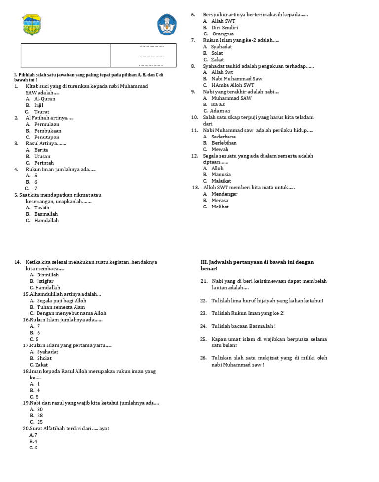 Soal Sas Pai Kelas 1 2024 | PDF