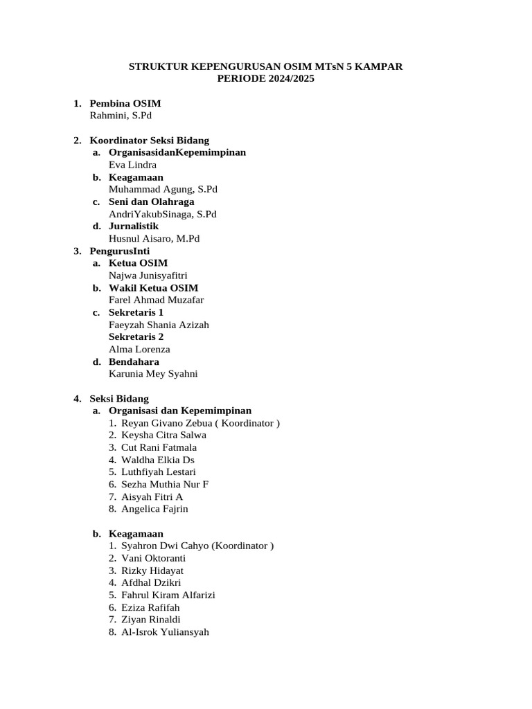 STRUKTUR KEPENGURUSAN OSIM MTSN 5 KAMPAR | PDF