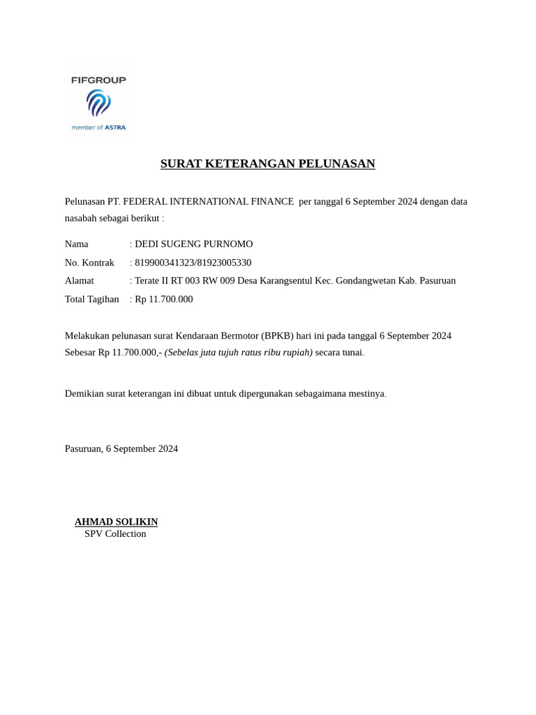 Surat Keterangan Pelunasan | PDF