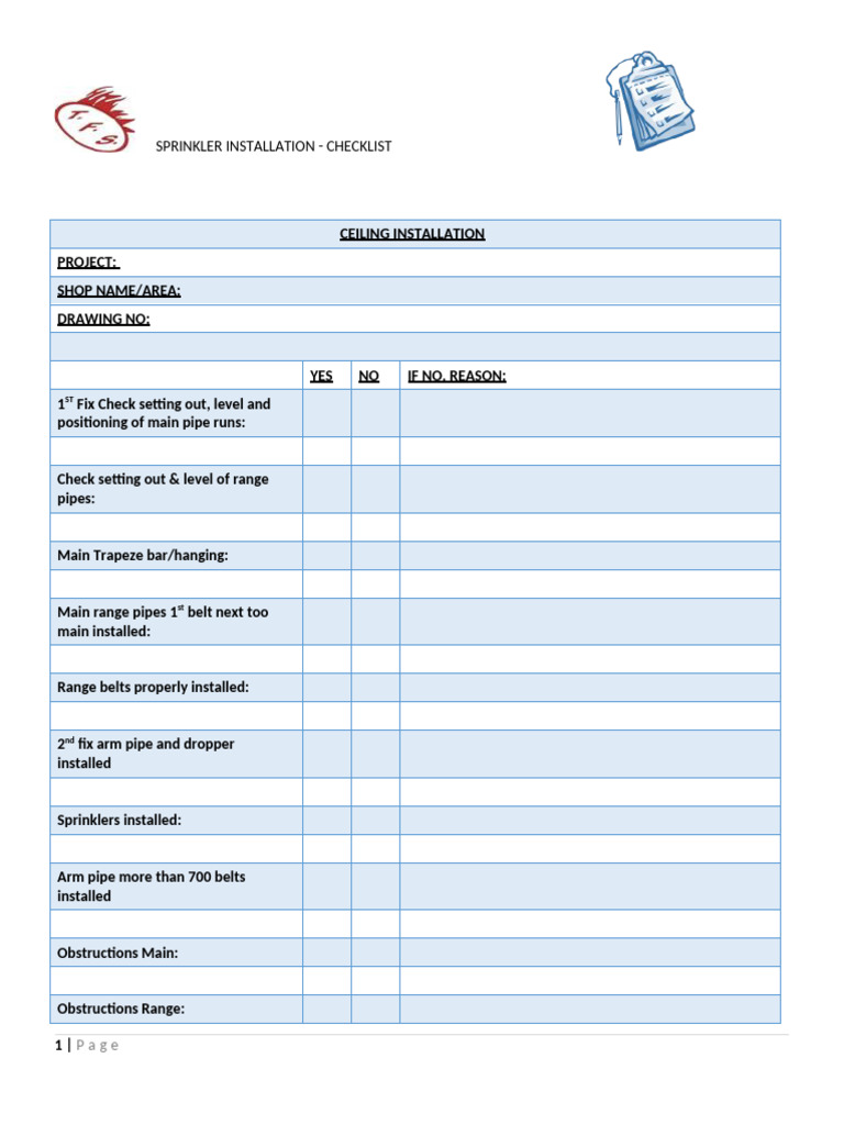 Ceiling SPRINKLER INSTALLATION - CHECK LIST | PDF