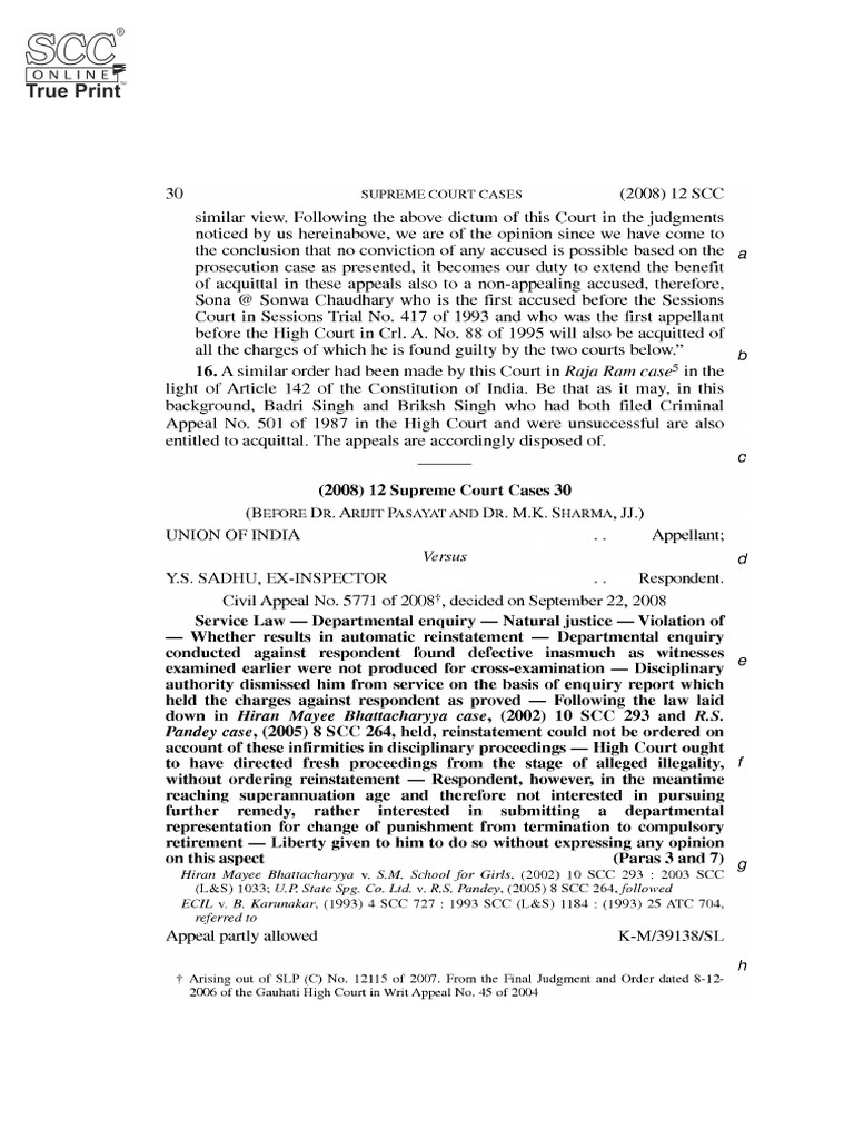 Union of India v. Y.S. Sadhu, (2008) 12 SCC 30 | PDF