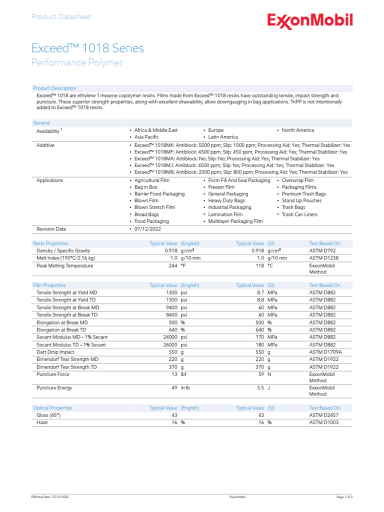 ExxonMobil Exceed™ 1018 MF TDS | PDF | Pascal (Unit) | Chemical Substances