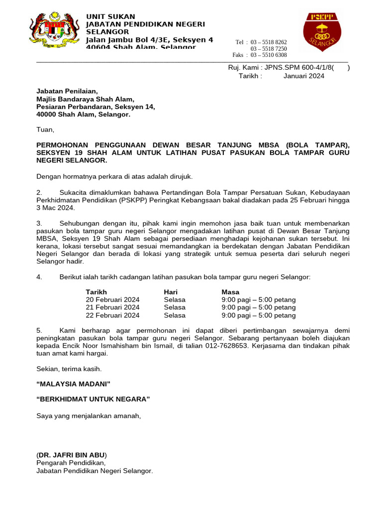 Surat Permohonan Tempat Latihan Sesi - 1 | PDF